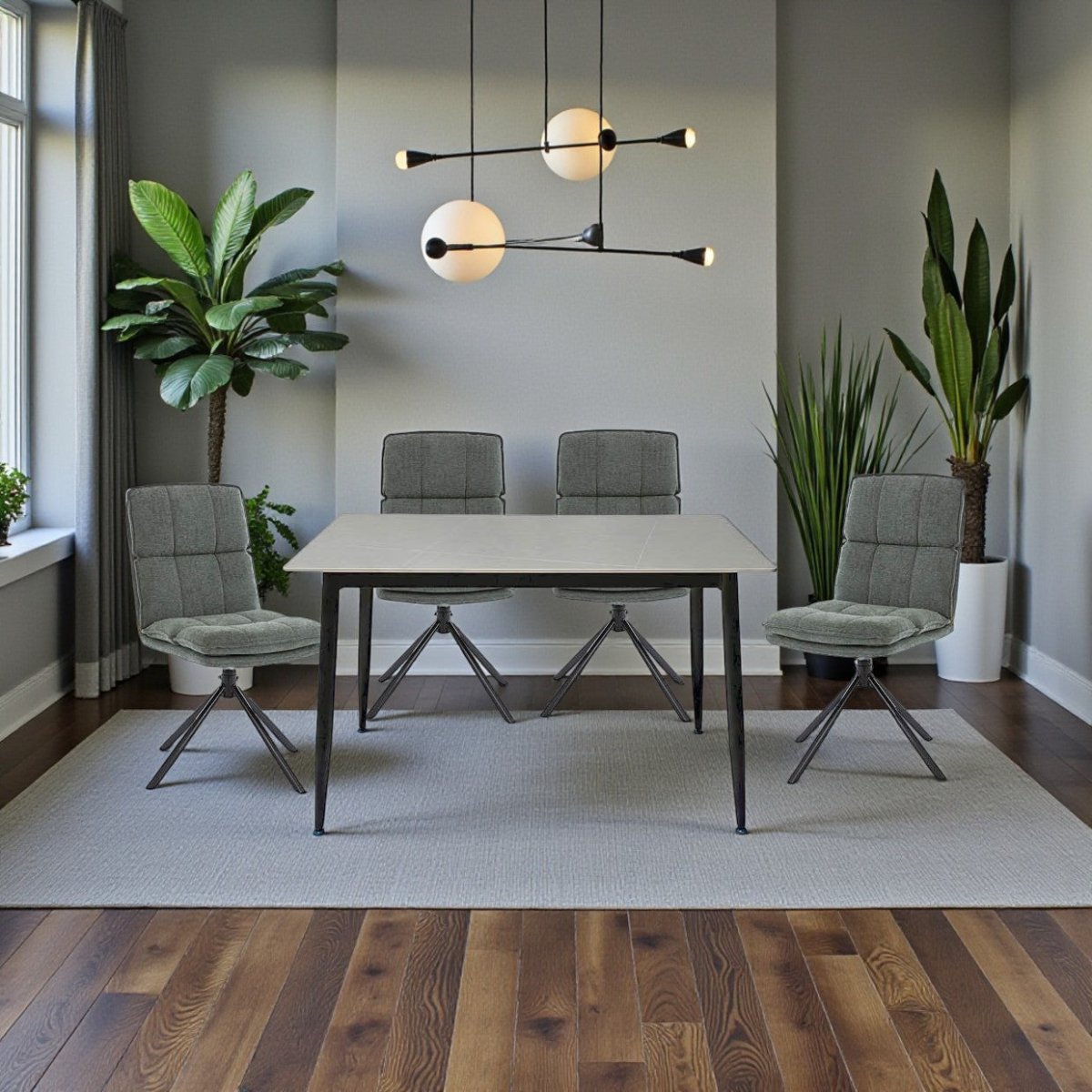 1.2m Grey Ceramic Table & 4 x Forest Green Luxe Panel Stitch Swivel Ch ...