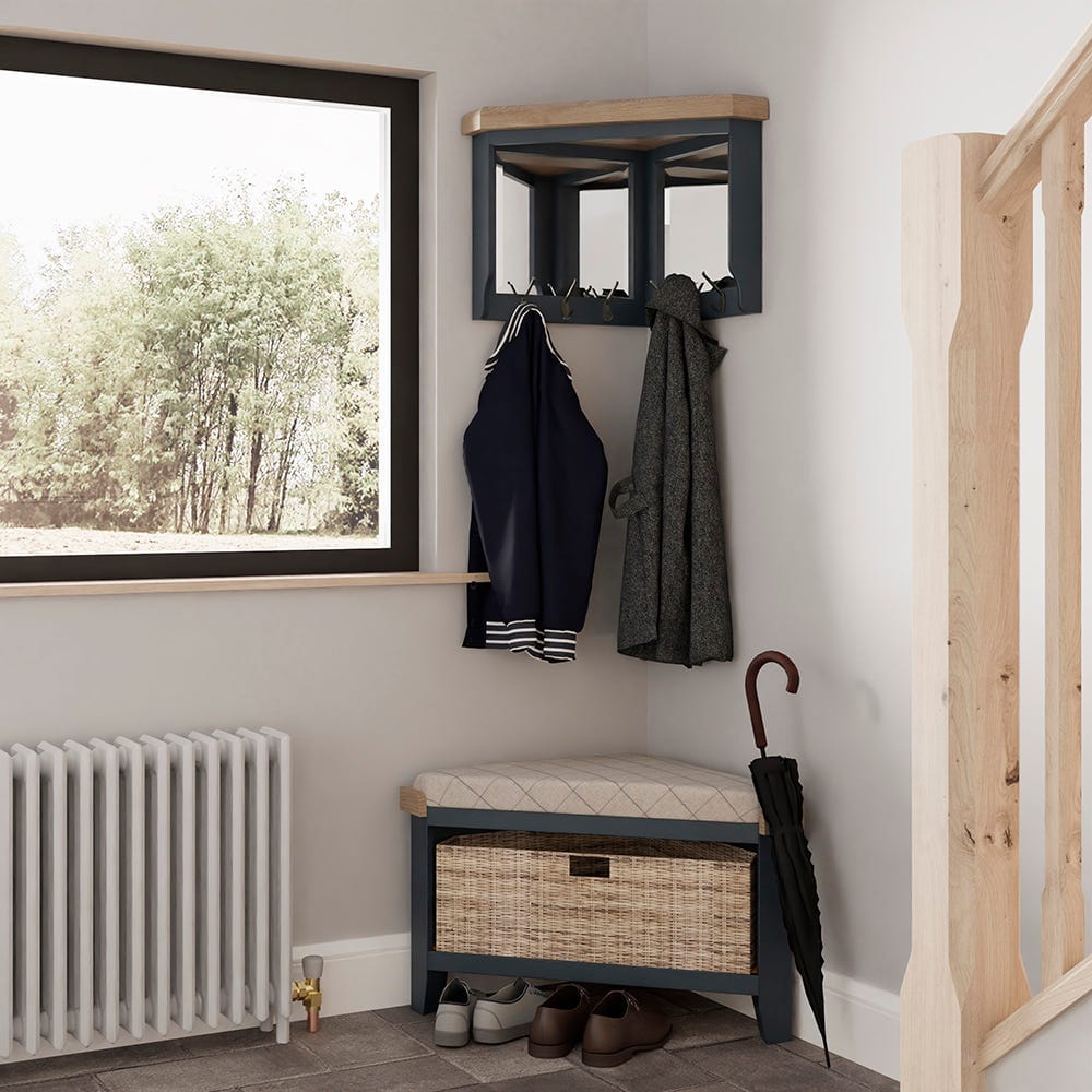 Wessex Smoked Oak Blue Painted Corner Hall Bench with Wicker Basket ...